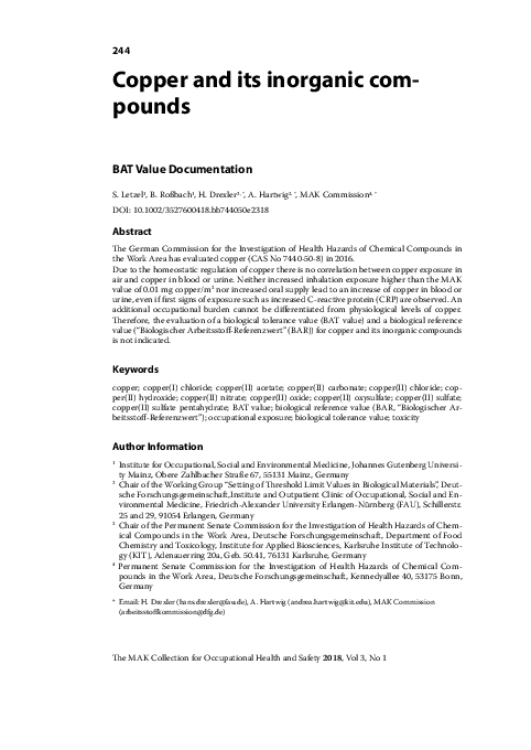 (PDF) Copper and its inorganic compounds [BAT Value Documentation, 2017]