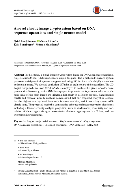 (PDF) A novel chaotic image cryptosystem based on DNA sequence operations and single neuron model