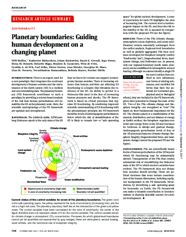 (PDF) Planetary boundaries: Guiding human development on a changing planet