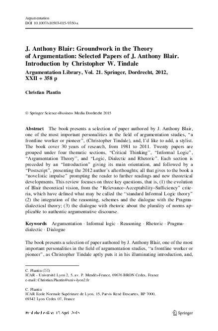 (PDF) J. Anthony Blair: Groundwork in the Theory of Argumentation ...