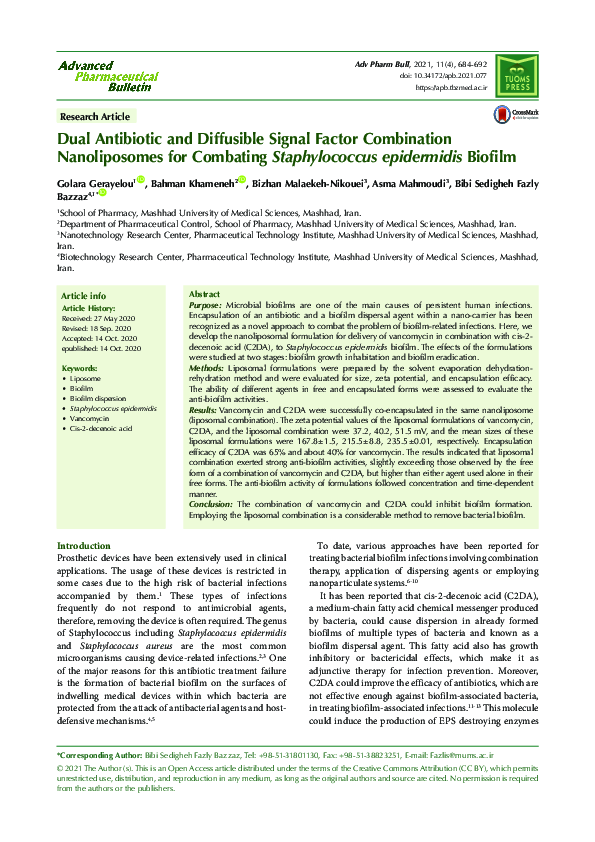Pdf Dual Antibiotic And Diffusible Signal Factor Combination Nanoliposomes For Combating