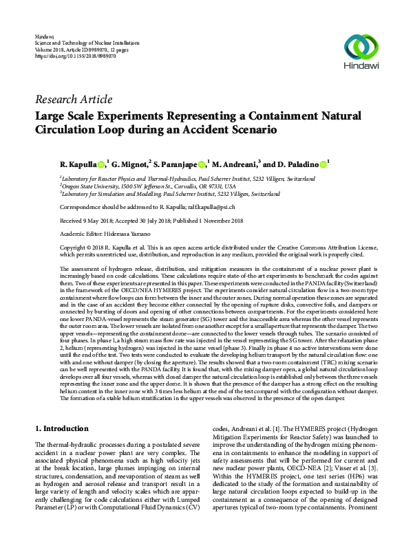 Pdf Large Scale Experiments Representing A Containment Natural Circulation Loop During An