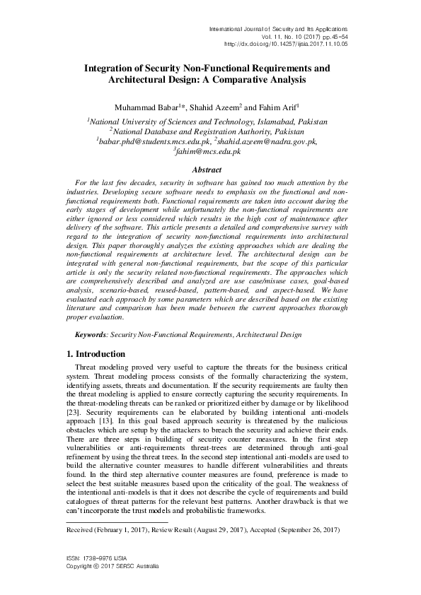 (PDF) Integration of Security Non-Functional Requirements and Architectural Design: A ...