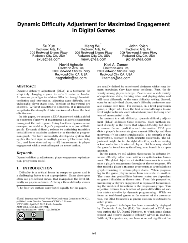 Pdf Dynamic Difficulty Adjustment For Maximized Engagement In Digital Games 