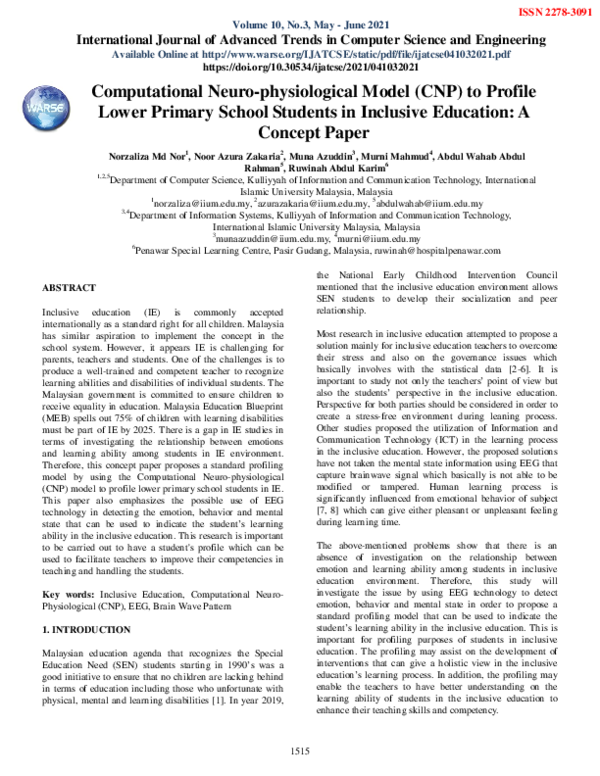 (PDF) Computational Neuro-physiological Model (CNP) to Profile Lower Primary School Students in ...