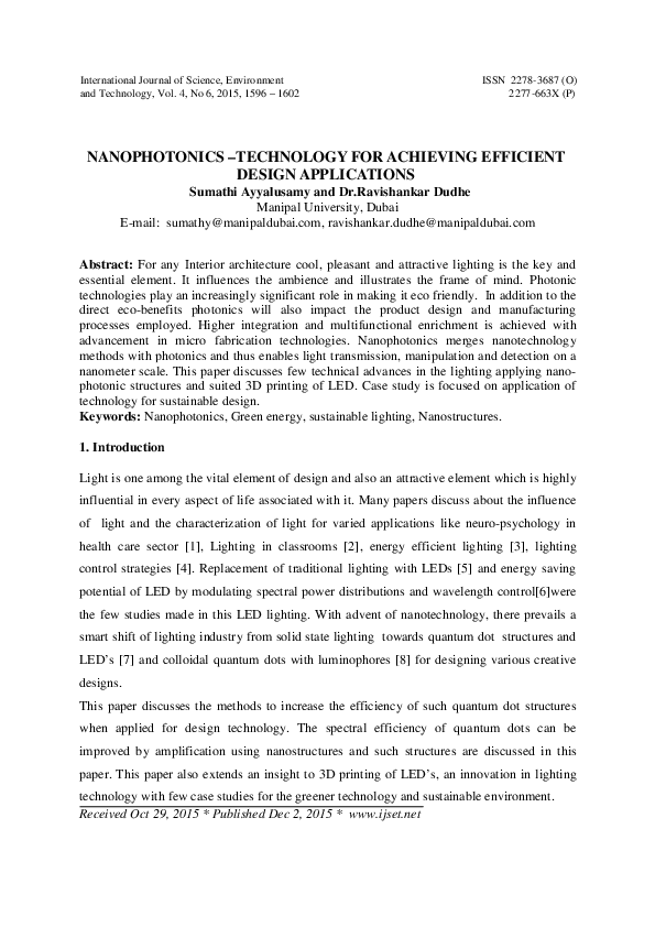 (PDF) Nanophotonics –Technology for Achieving Efficient Design Applications