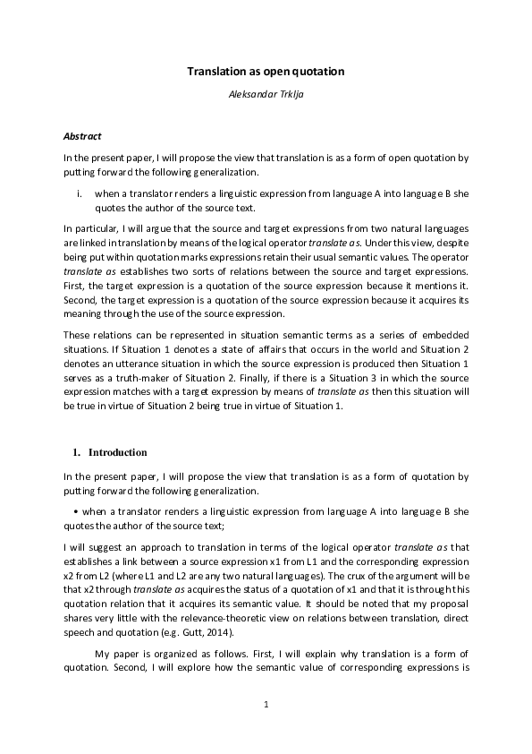 (PDF) Translation as open quotation