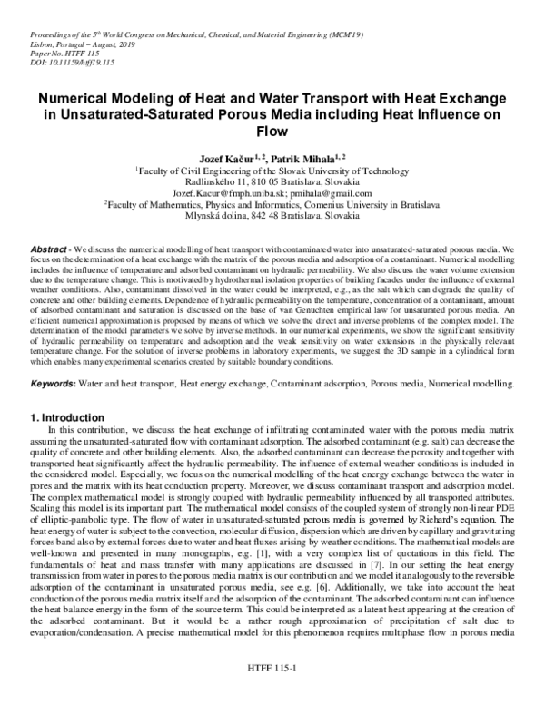 (PDF) Numerical Modeling of Heat and Water Transport with Heat Exchange ...