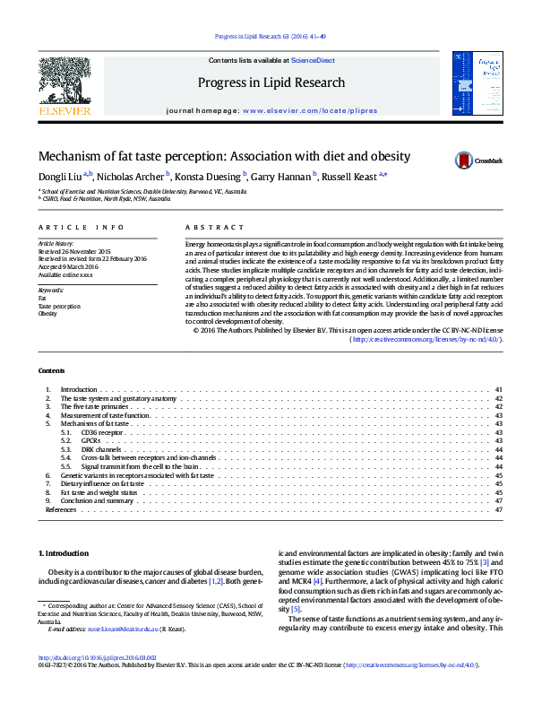 (PDF) Mechanism of fat taste perception: Association with diet and ...