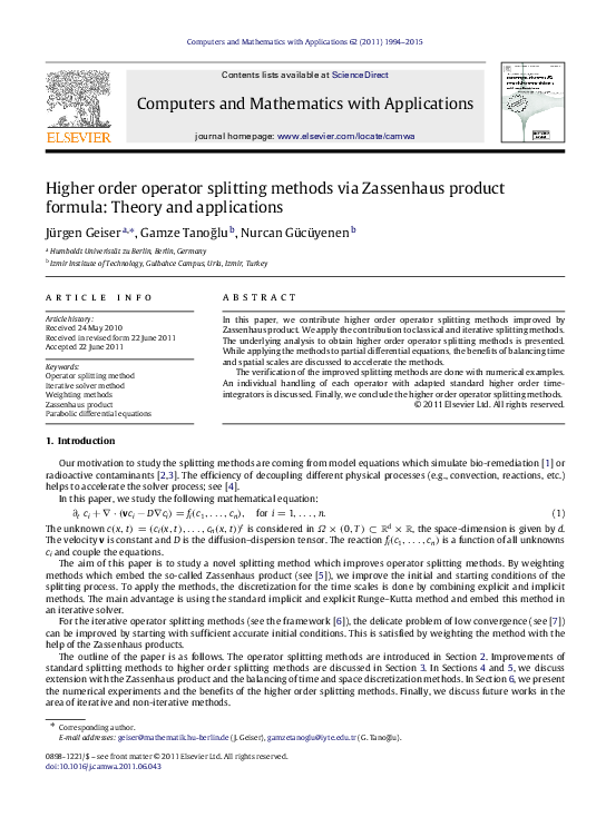 (PDF) Higher order operator splitting methods via Zassenhaus product formula: Theory and ...
