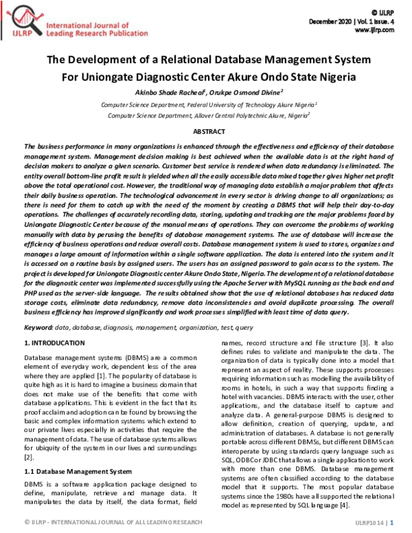 (PDF) The Development of a Relational Database Management System For Uniongate Diagnostic Center ...