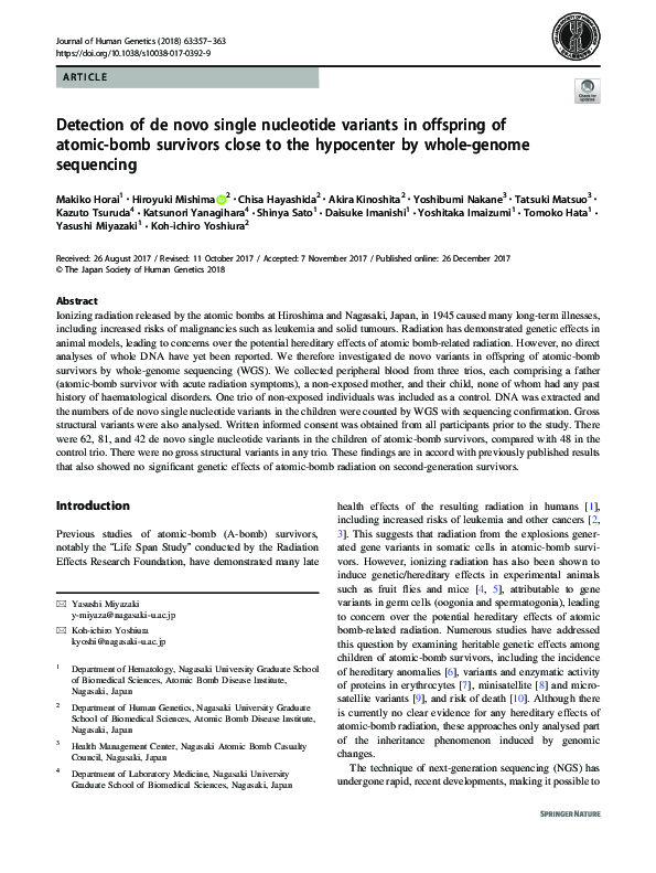 (PDF) Detection of de novo single nucleotide variants in offspring of atomic-bomb survivors ...