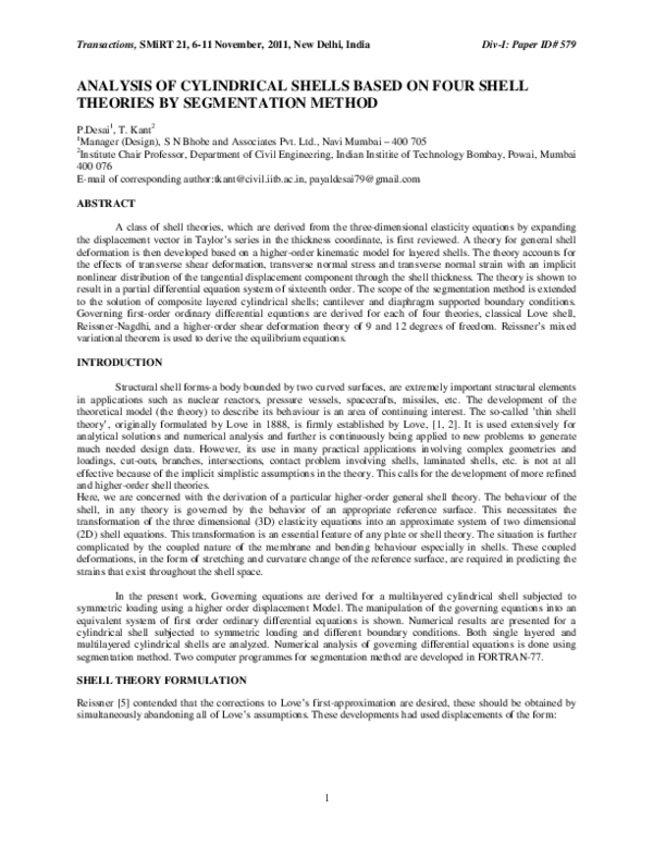 (PDF) Analysis of cylindrical shells based on four shell theories by segmentation method