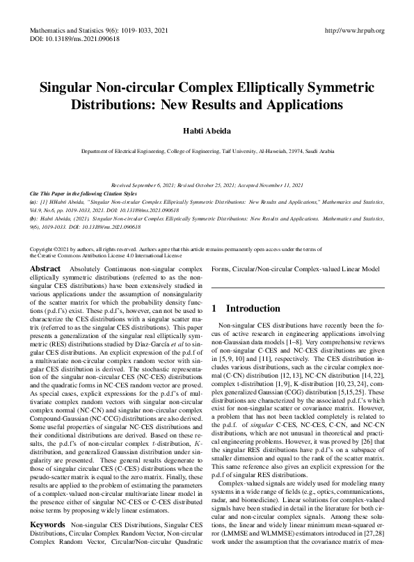 (PDF) Singular Non-circular Complex Elliptically Symmetric Distributions: New Results and ...