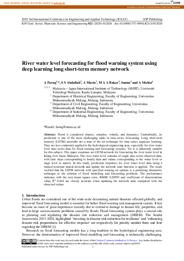 (PDF) River water level forecasting for flood warning system using deep learning long short-term ...