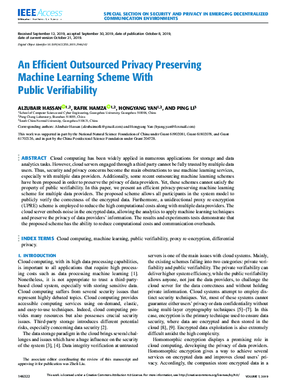 (PDF) An Efficient Outsourced Privacy Preserving Machine Learning Scheme With Public Verifiability