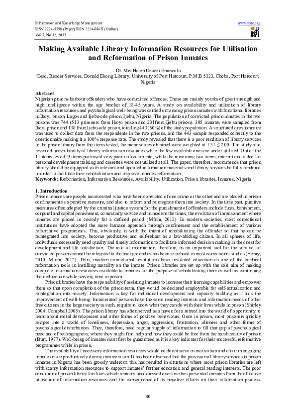 (PDF) Making Available Library Information Resources for Utilisation and Reformation of Prison ...