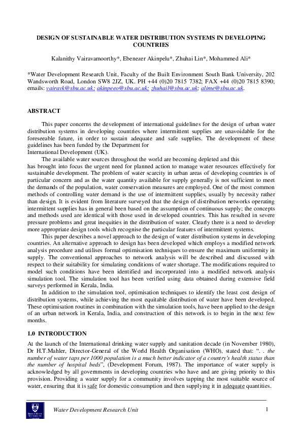 Pdf Design Of Sustainable Water Distribution Systems In Developing Countries
