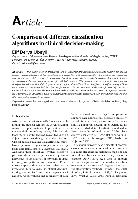 (PDF) Comparison of different classification algorithms in clinical decision-making