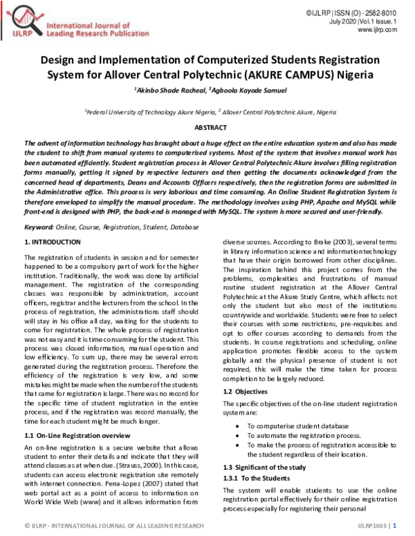 (PDF) Design and Implementation of Computerized Students Registration System for Allover Central ...