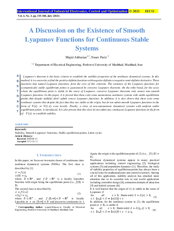(PDF) A Discussion on the Existence of Smooth Lyapunov Functions for Continuous Stable Systems
