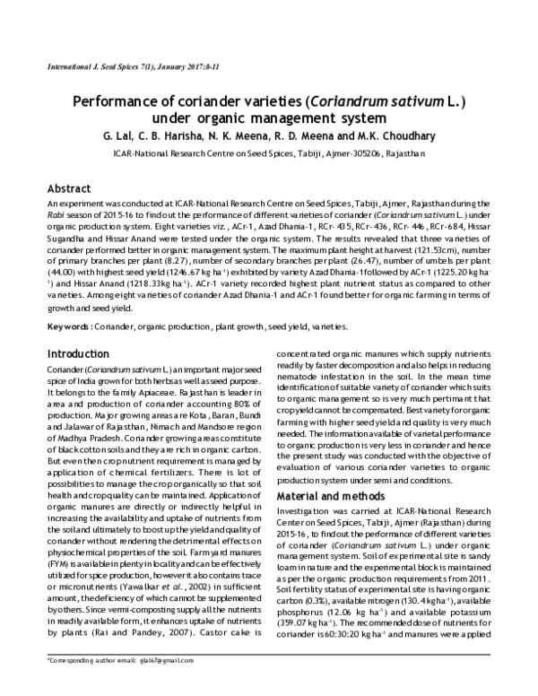 (PDF) Performance of coriander varieties ( Coriandrum sativum L . ) under organic management system