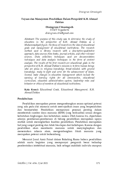(PDF) Tujuan dan Manajemen Pendidikan Dalam Perspektif K.H. Ahmad Dahlan