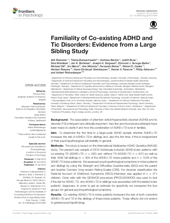 (PDF) Familiality of Co-existing ADHD and Tic Disorders: Evidence from a Large Sibling Study