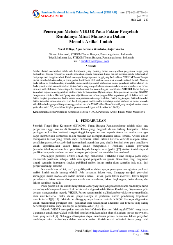 (PDF) Penerapan Metode VIKOR Pada Faktor Penyebab Rendahnya Minat Mahasiswa Dalam Menulis ...