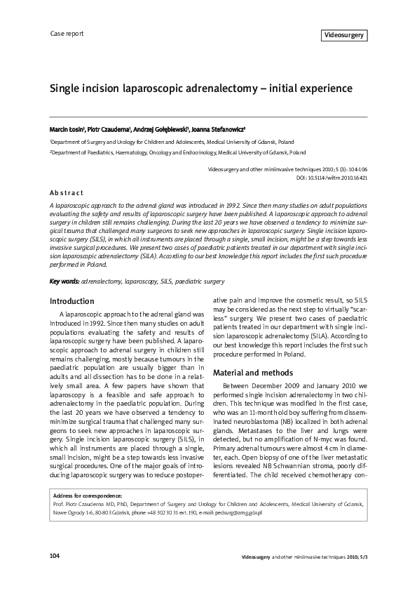 (PDF) Single incision laparoscopic adrenalectomy – initial experience ...