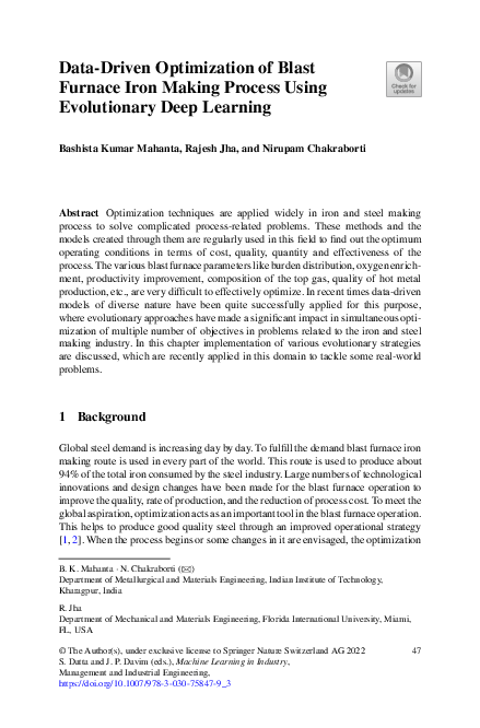 Data Driven Optimization Of Blast Furnace Iron Making Process Using Evolutionary Deep Learning