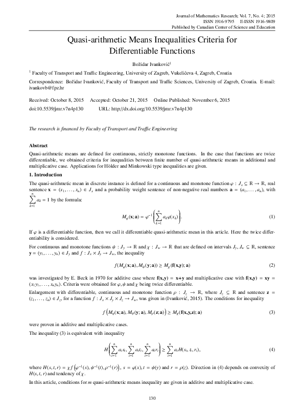 Pdf Quasi Arithmetic Means Inequalities Criteria For Differentiable Functions
