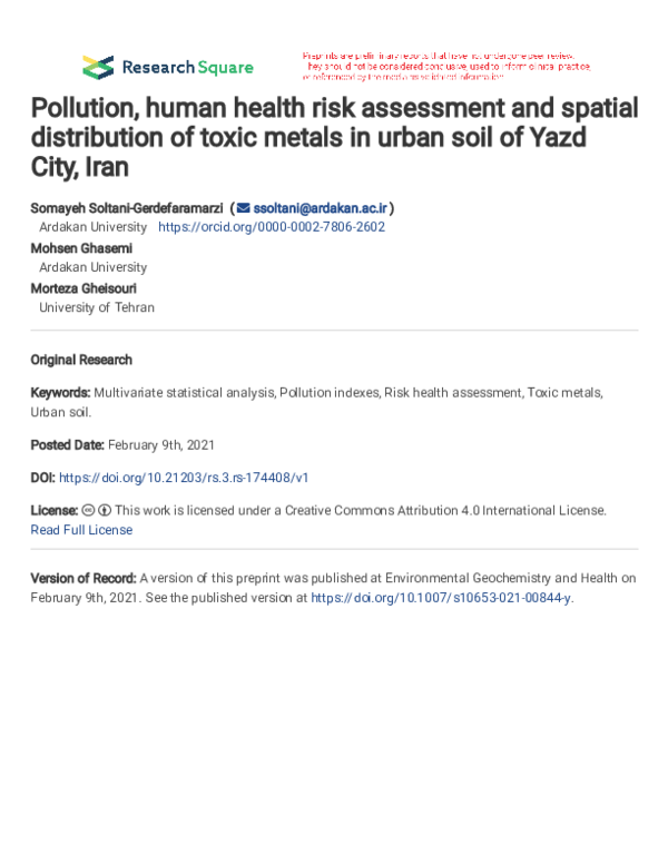 (PDF) Pollution, human health risk assessment and spatial distribution of toxic metals in urban ...