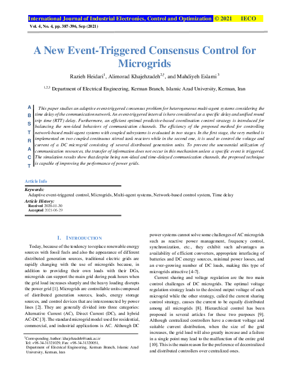 Pdf A New Event Triggered Consensus Control For Microgrids Ieco Ieco Journal
