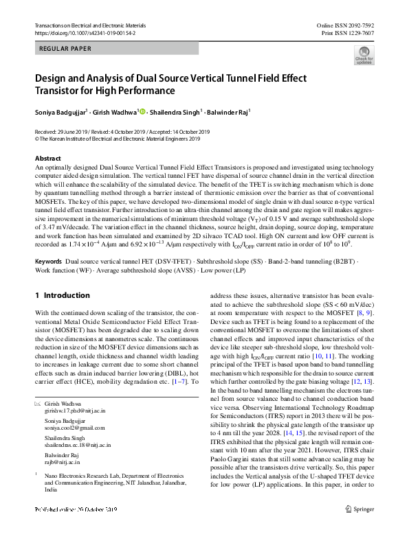 (PDF) Design and Analysis of Dual Source Vertical Tunnel Field Effect Transistor for High ...