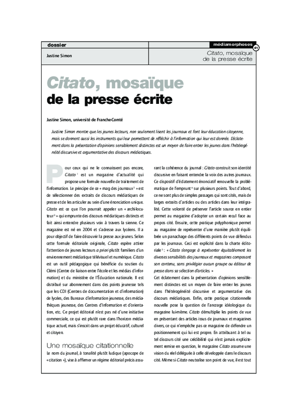 (PDF) Citato, mosaïque de la presse écrite | Justine Simon - Academia.edu