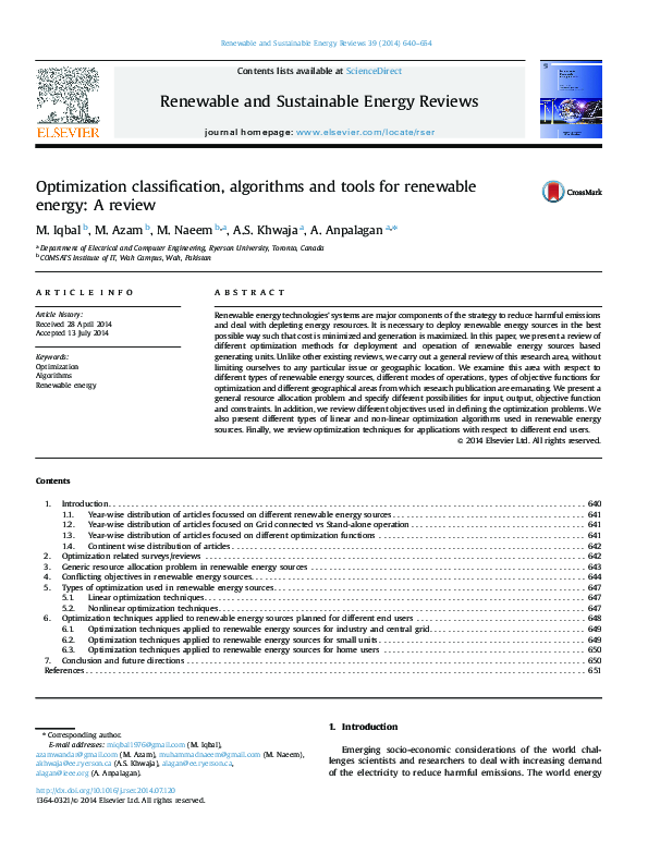 (PDF) Optimization classification, algorithms and tools for renewable ...