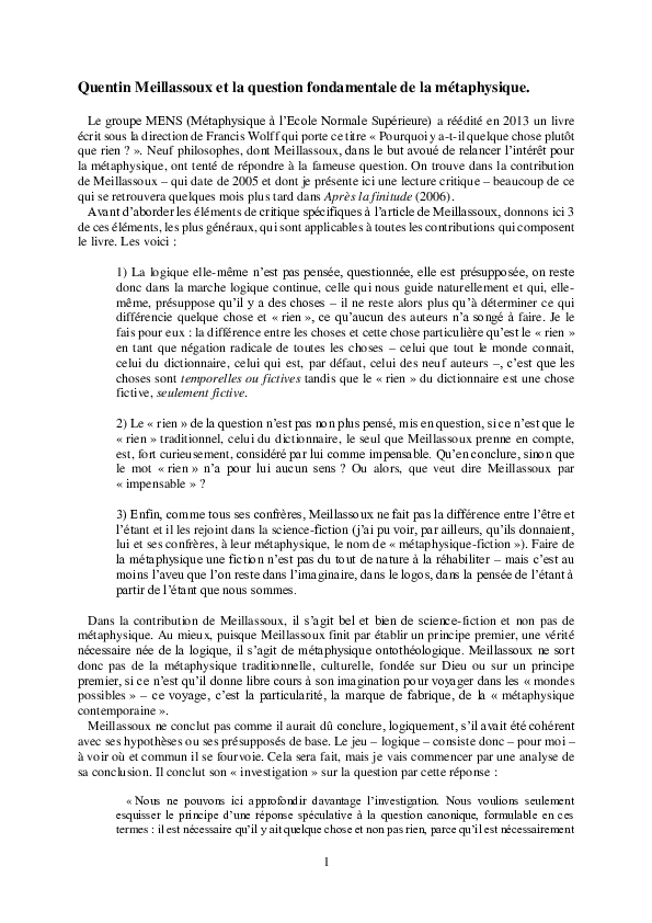(PDF) Quentin Meillassoux et la question fondamentale de la métaphysique