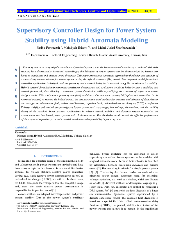 (PDF) Supervisory Controller Design for Power System Stability using Hybrid Automata Modeling