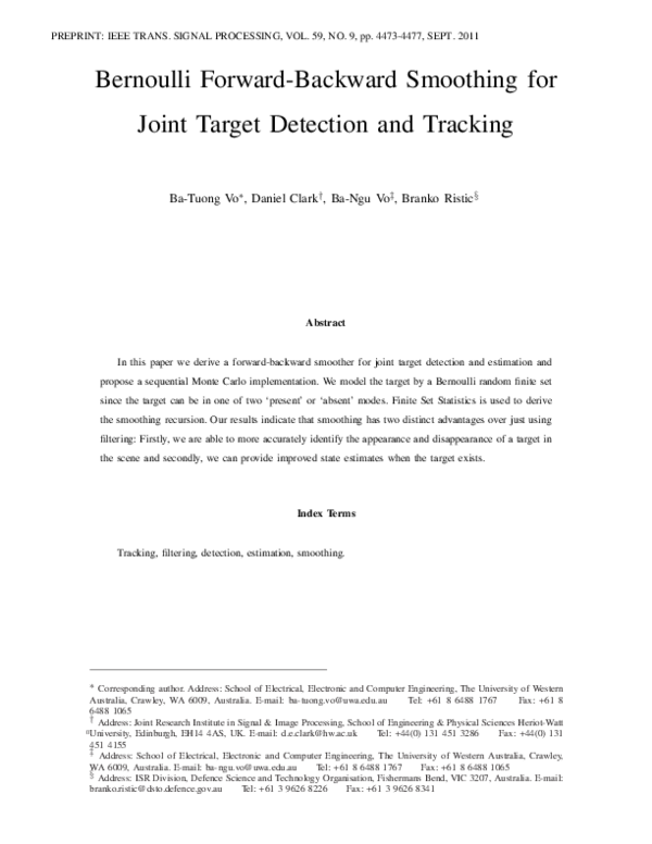 (PDF) Bernoulli Forward-Backward Smoothing for Joint Target Detection and Tracking