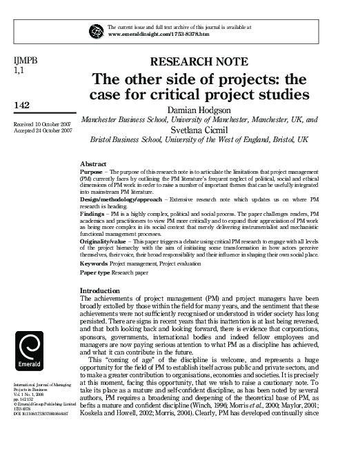 (PDF) The other side of projects: the case for critical project studies ...