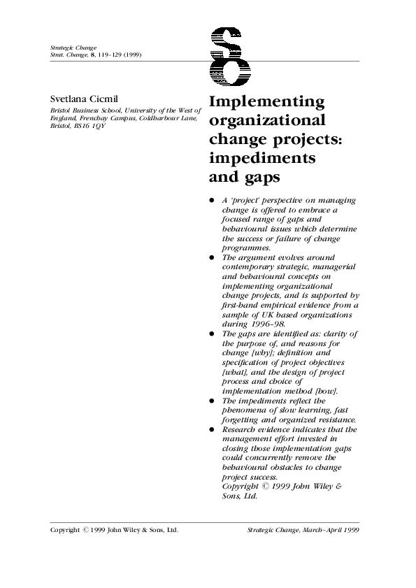 (PDF) Implementing organizational change projects: impediments and gaps