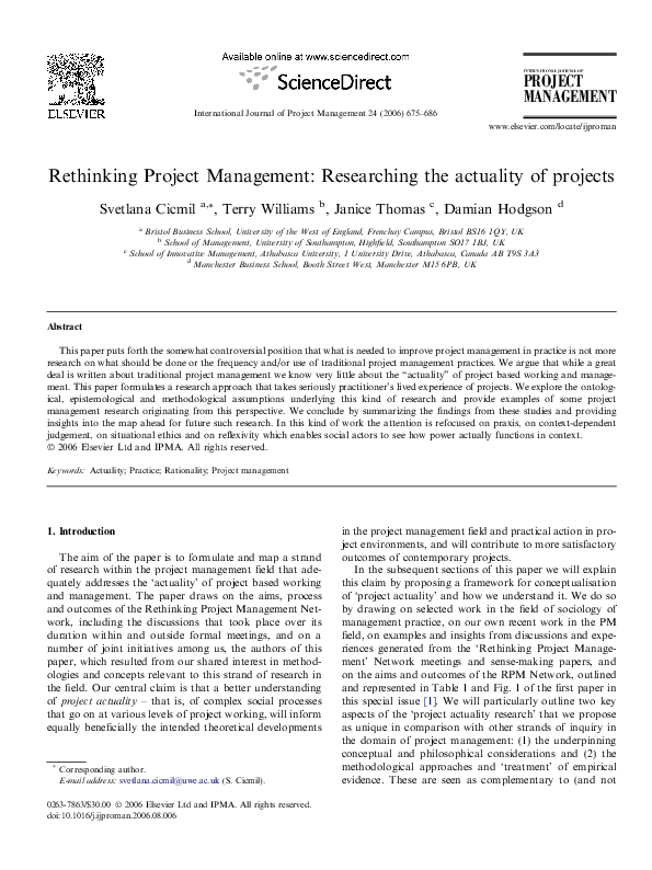 (PDF) Rethinking Project Management: Researching the actuality of projects
