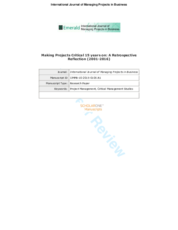 (PDF) Making projects critical 15 years on: a retrospective reflection ...