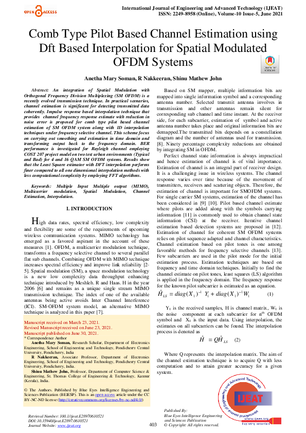 (PDF) Comb Type Pilot Based Channel Estimation using Dft Based Interpolation for Spatial ...