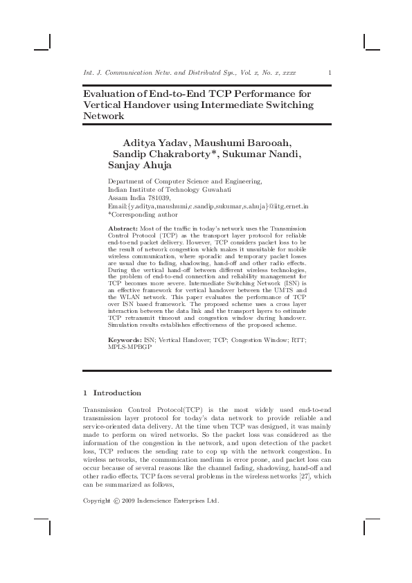 Pdf Tcp Performance During Vertical Handover Via Isn