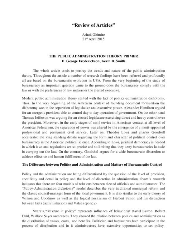 (PDF) "Review of Articles" THE PUBLIC ADMINISTRATION THEORY PRIMER