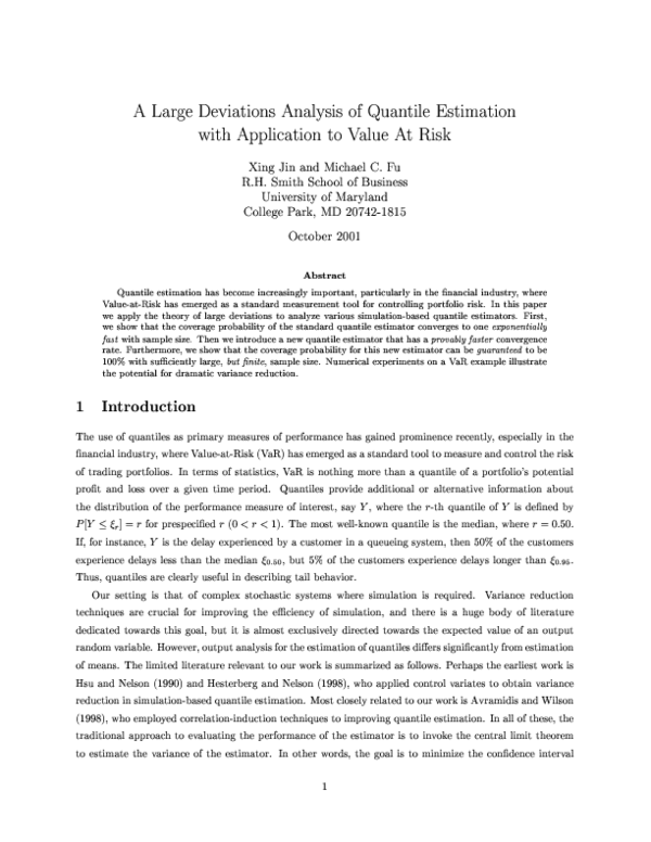 (PDF) A Large Deviations Analysis of Quantile Estimation with Application to Value at Risk ...