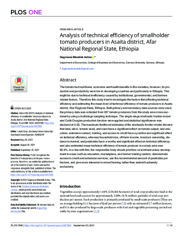 (PDF) Analysis of technical efficiency of smallholder tomato producers ...