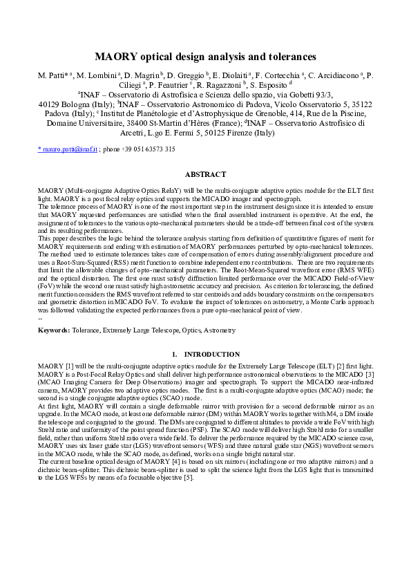 (PDF) MAORY optical design analysis and tolerances